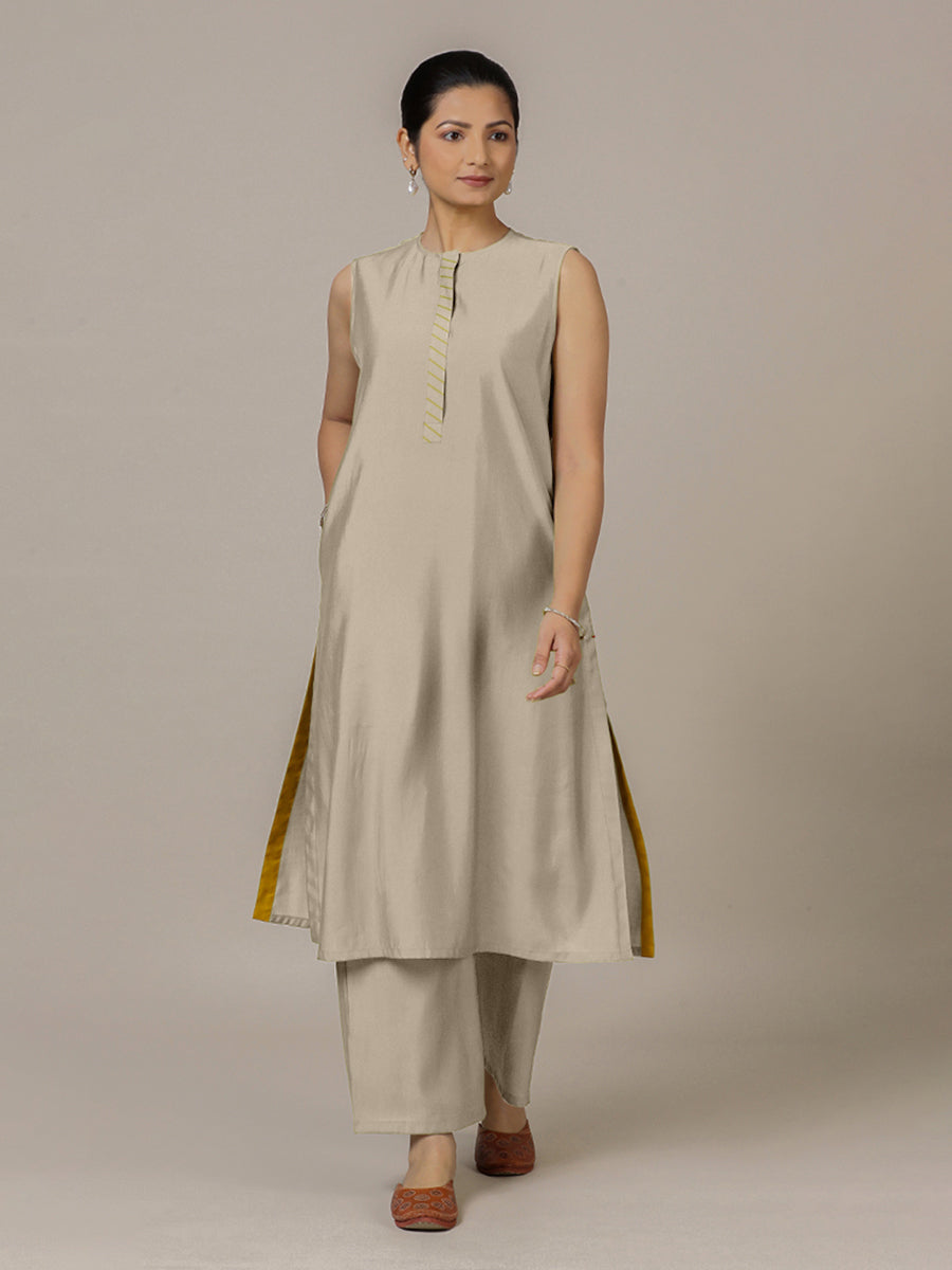 Adah A-Line Kurta in Oyster Grey - Sleeveless with Thread Work – Binks
