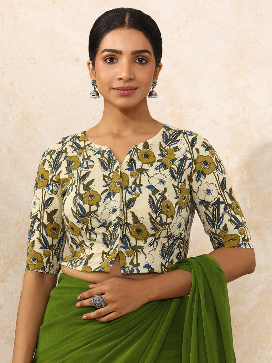Elbow Sleeves Saree Blouse in Cream Meadow Block Print Cotton – Binks