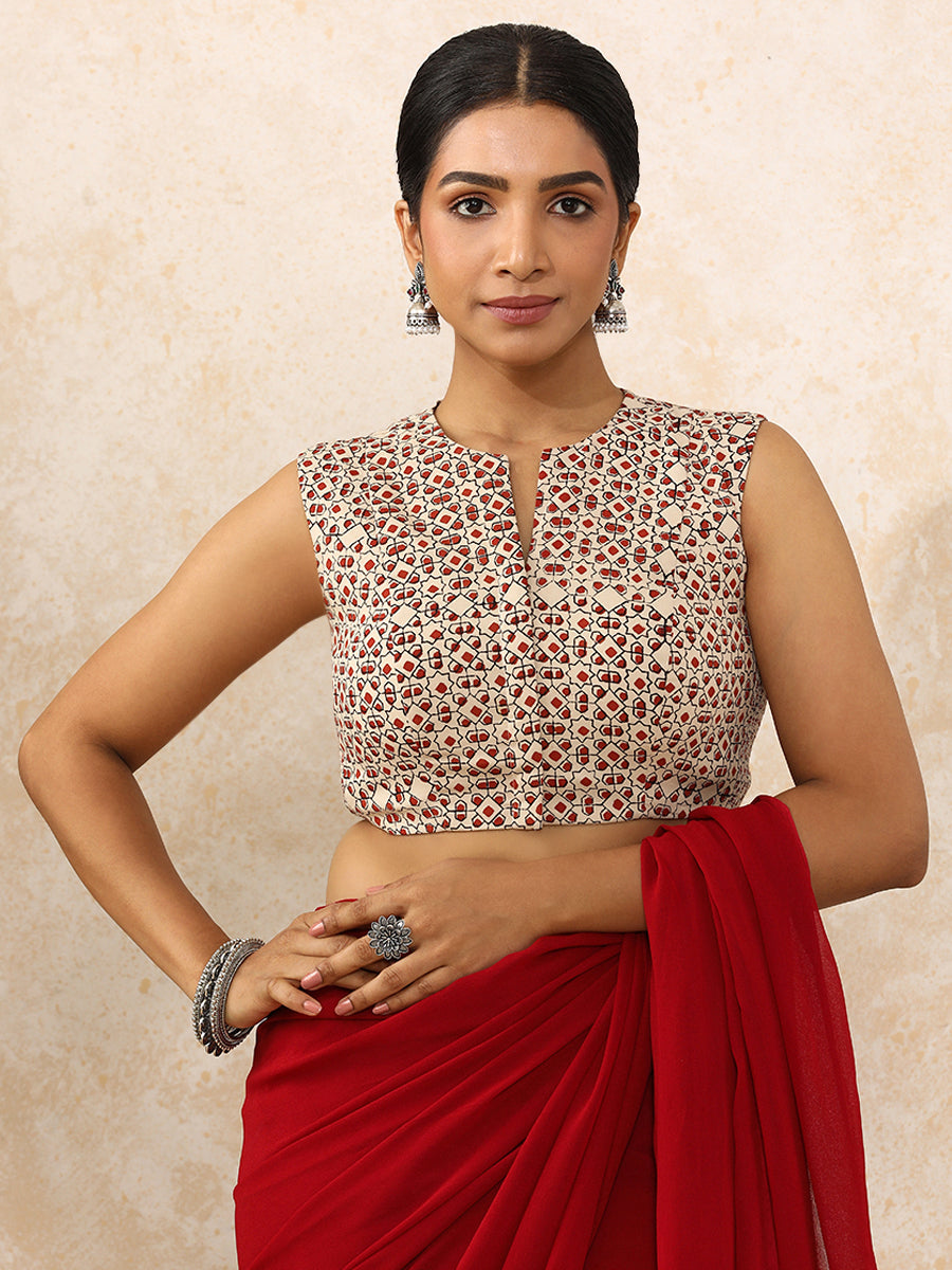 Sleeveless Saree Blouse in Cream & Red Geometric Block Print Cotton – Binks