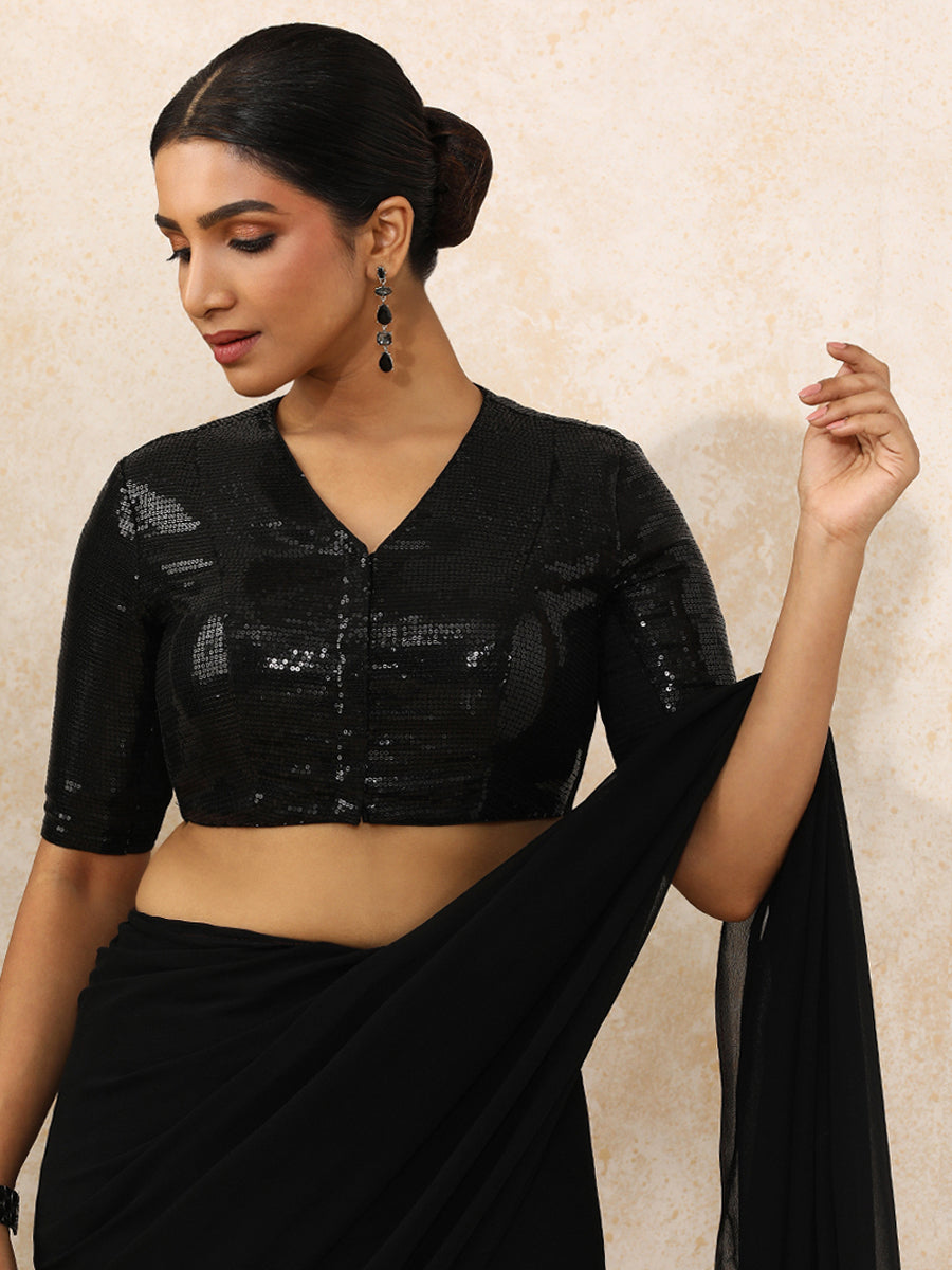 Elbow Sleeves Black Sequined Saree Blouse – Binks