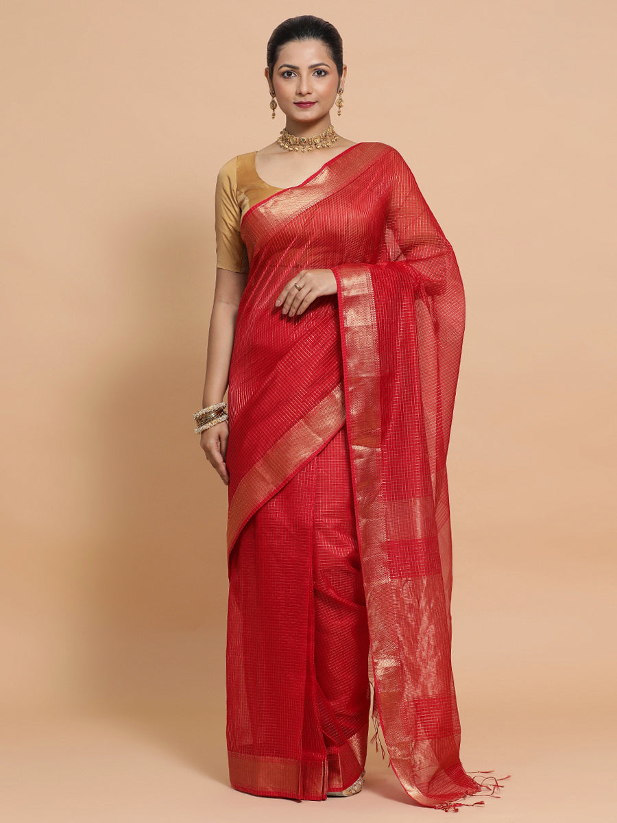 Shop Maheshwari Silk Cotton Golden Red Check Saree | Binks
