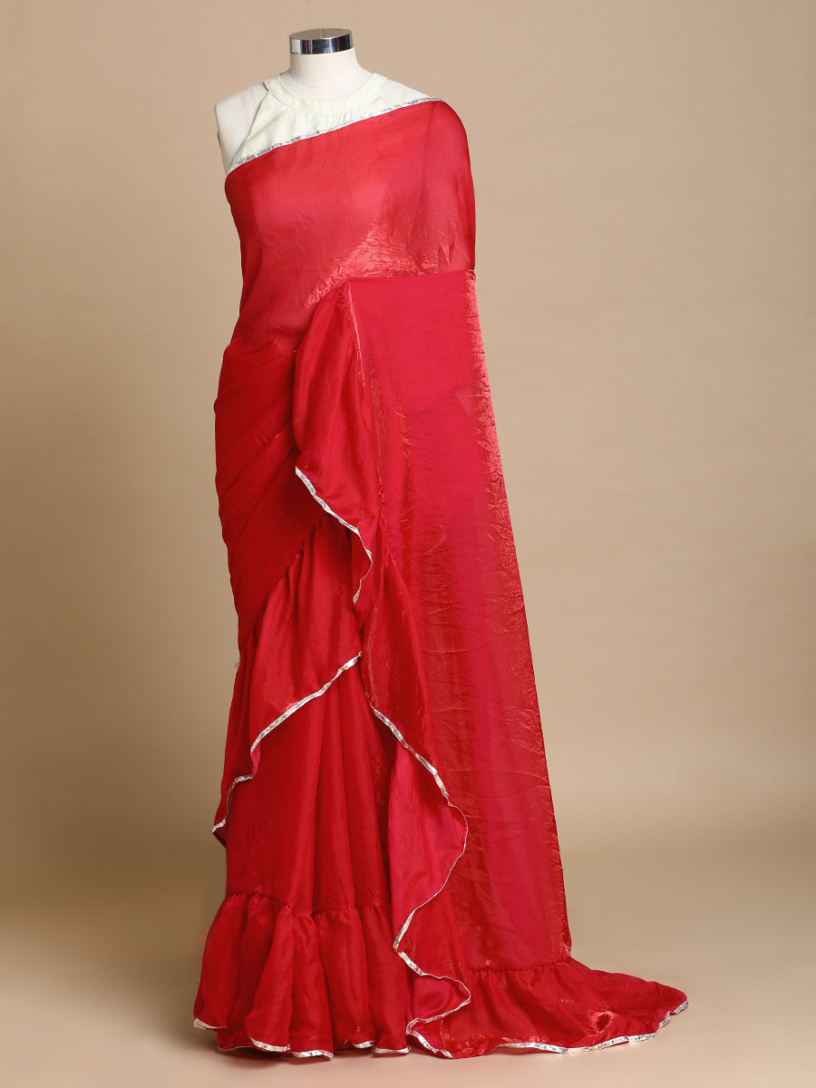Shop Sharmila x Tyohaar | Velvety Red Shimmer Tissue Ruffle Saree – Binks