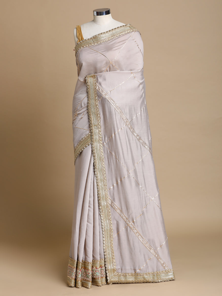 Shop Vrishti x Tyohaar | Oyster Grey Viscose Saree With Heritage Gotta ...