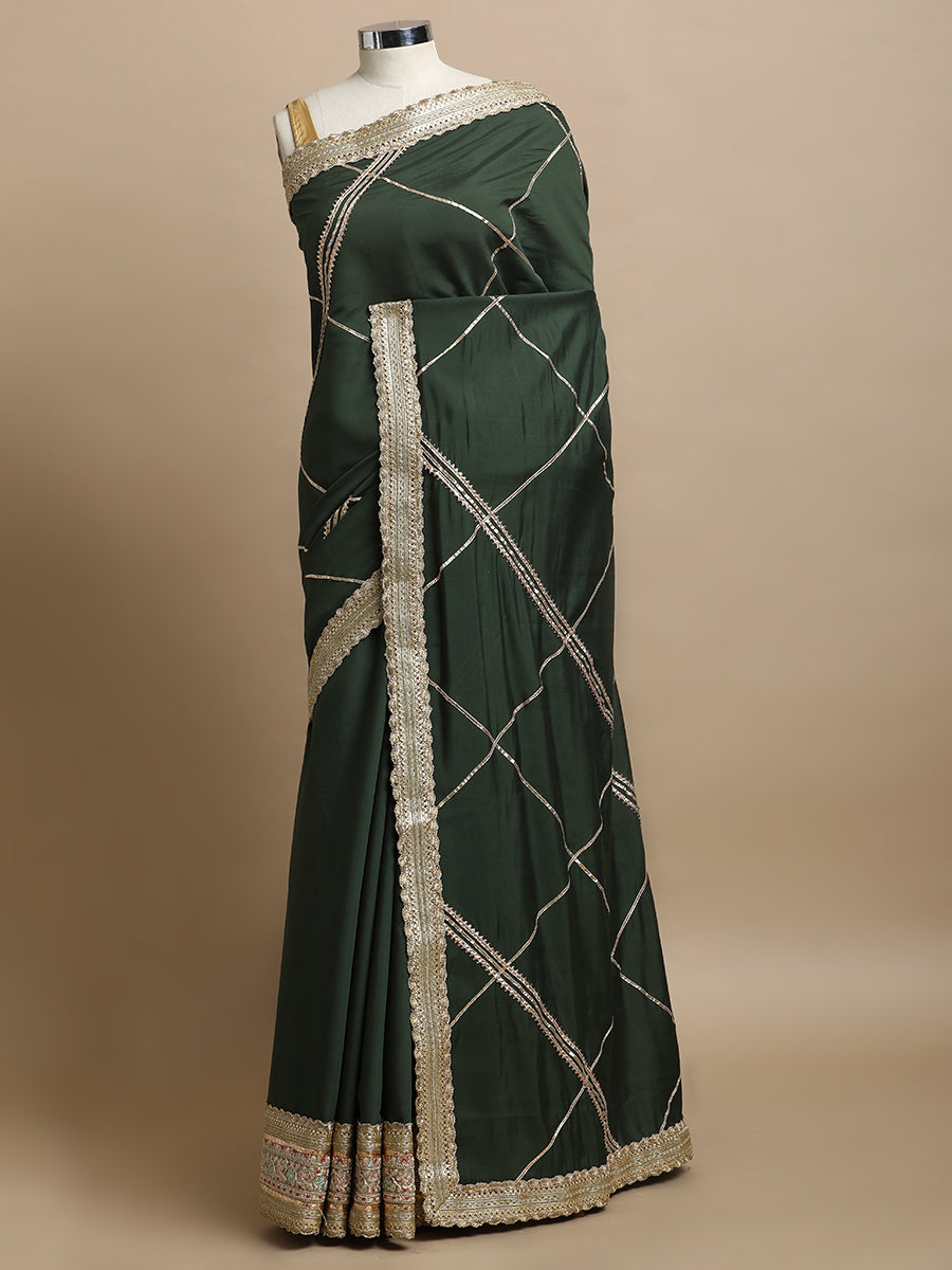 Shop Vrishti x Tyohaar | Pine Green Viscose Saree With Heritage Gotta ...