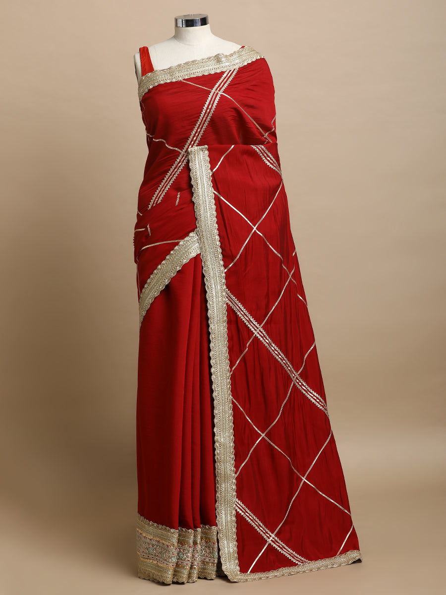 Shop Vrishti x Tyohaar | Scarlet Red Viscose Saree With Heritage Gotta ...