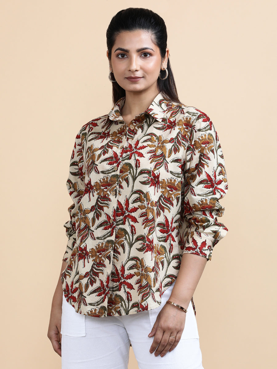 Full Sleeves Women's Relaxed Shirt in Cream Blossom Block Print Cotton ...