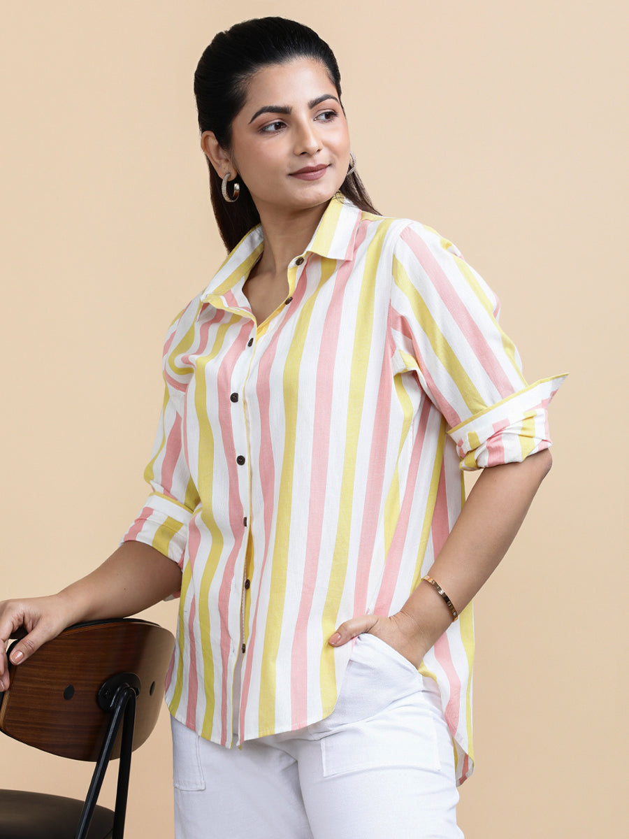 Full Sleeves Women's Relaxed Shirt in Candy Stripes Handloom Khadi ...